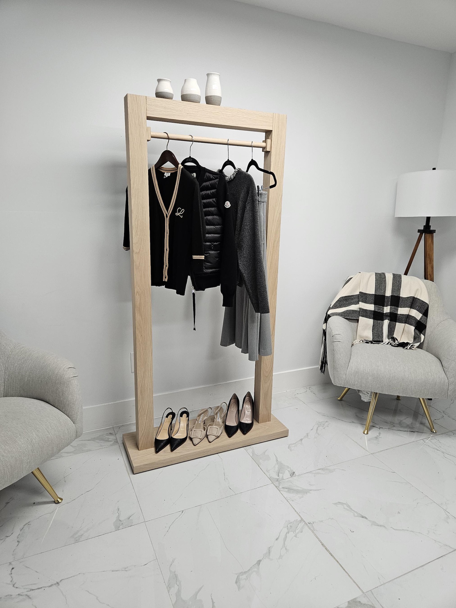 3" Thick Modern Retail Clothing Rack With Shelf,white Oak,hanging Rack ...
