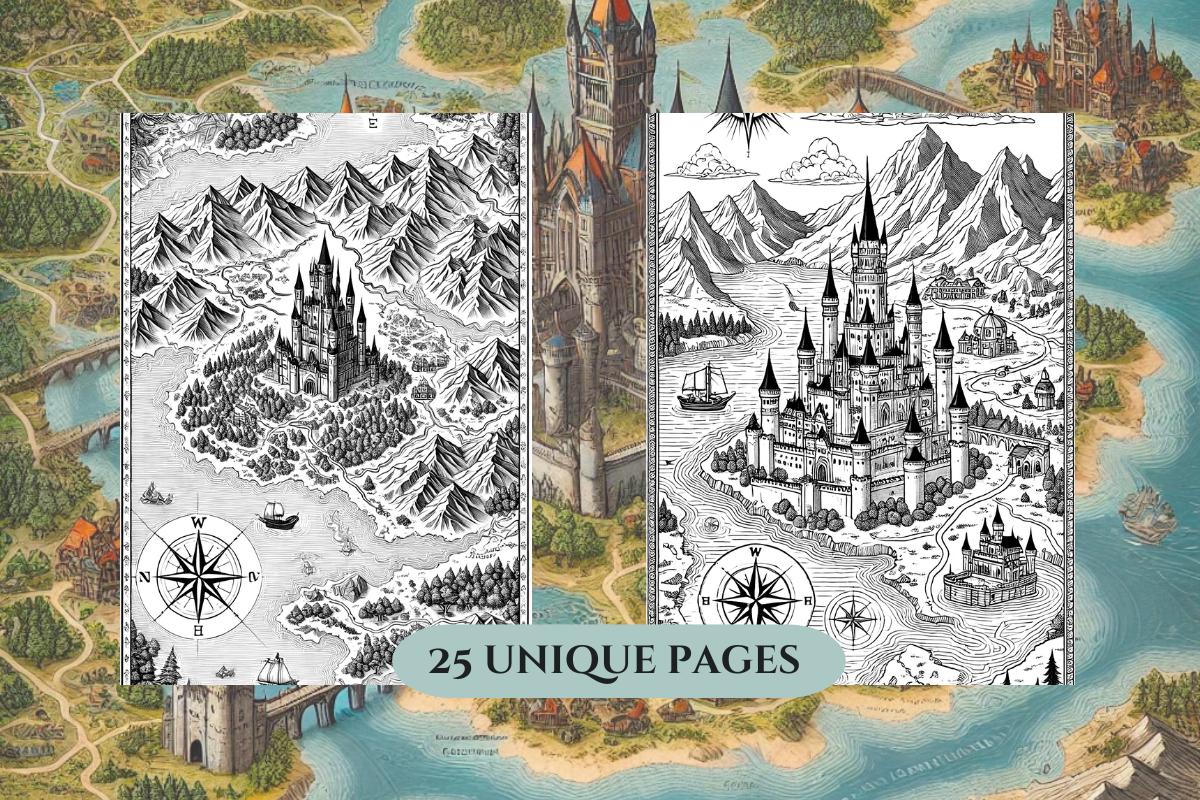 25 Fantasy Map Coloring Pages, Adult and Kids Coloring Book, Fantasy ...