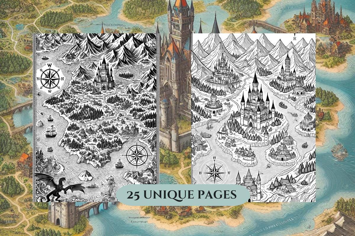 25 Fantasy Map Coloring Pages, Adult and Kids Coloring Book, Fantasy ...