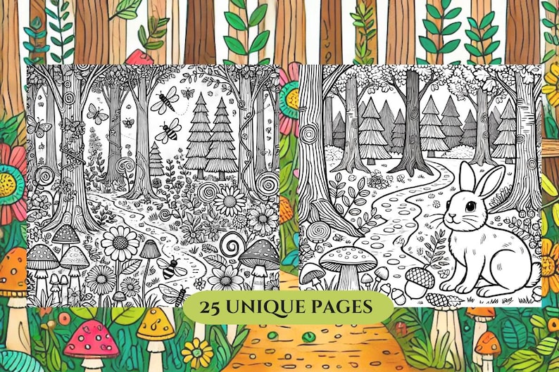 25 Woodland Forest Coloring Pages, Forest Coloring Book, Adult Coloring ...