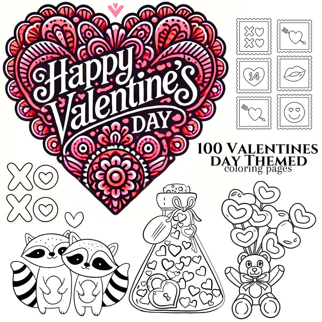 100 Valentines Day Themed Coloring Pages, Kid Coloring Pages, Adult ...