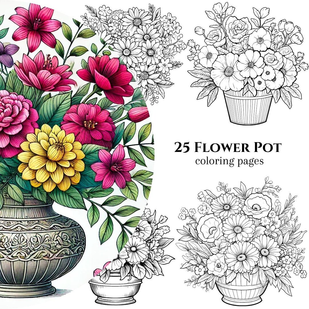 25 Flower Pot Coloring Pages, Flower Coloring Book, Adult and Kid ...