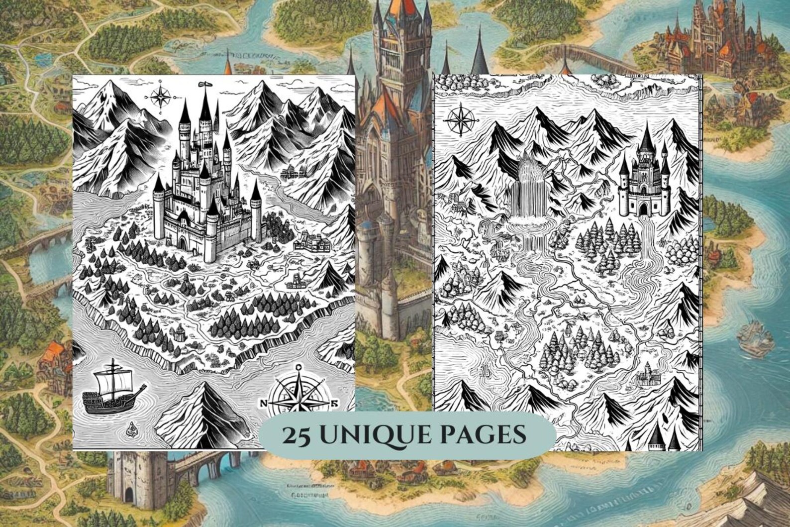 25 Fantasy Map Coloring Pages, Adult and Kids Coloring Book, Fantasy ...