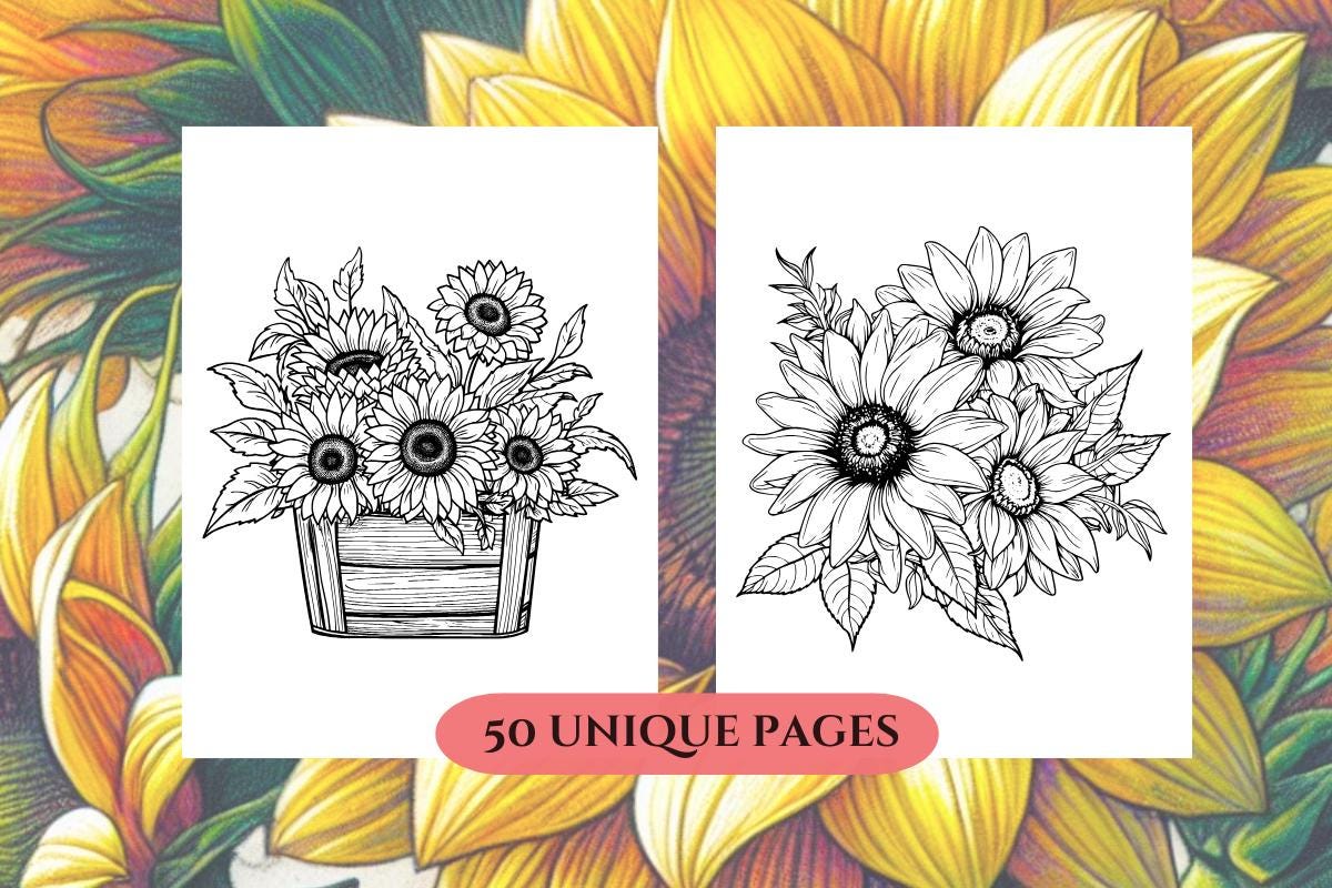 50 Sunflower Coloring Pages, Sunflower Coloring Book, Adult and Kid ...