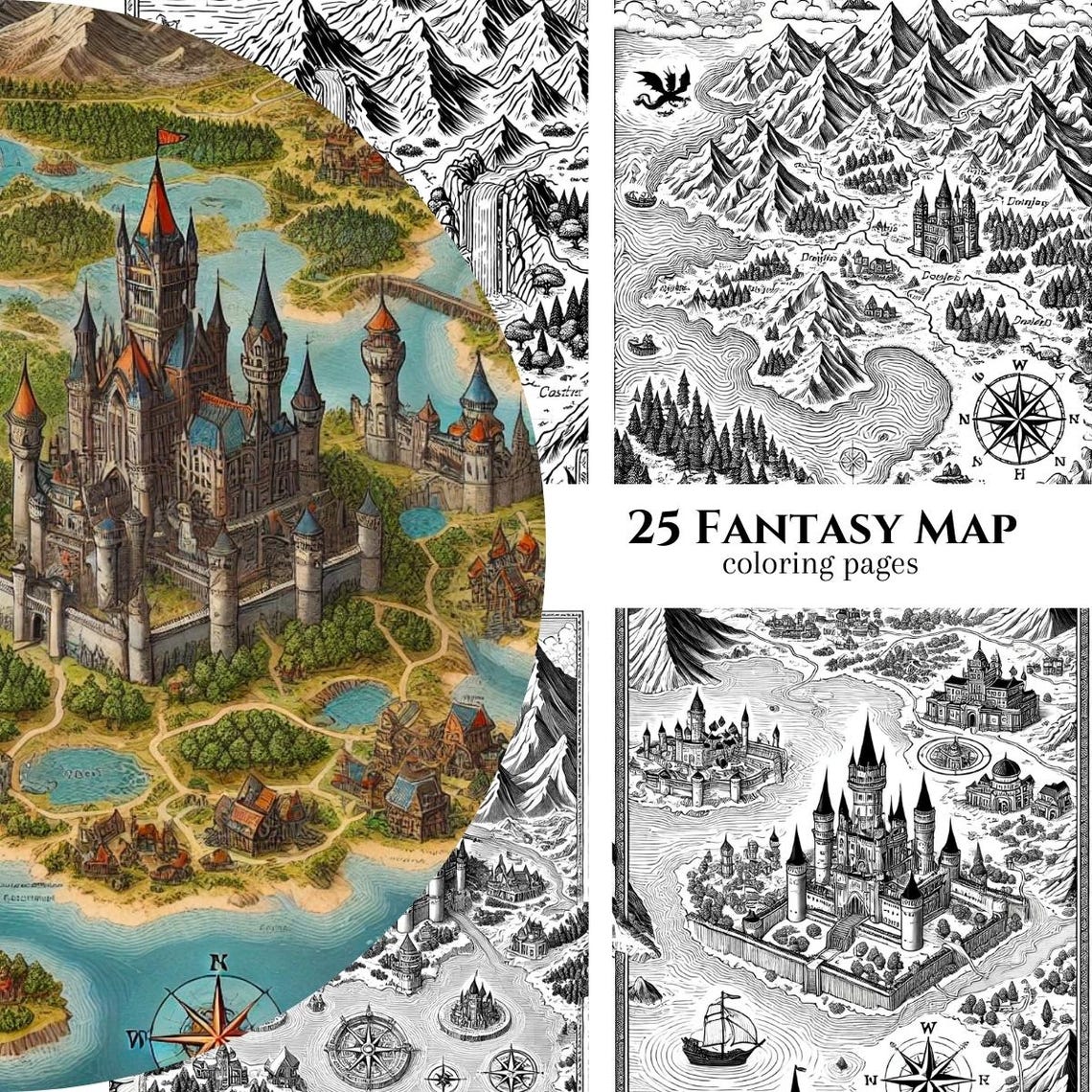 25 Fantasy Map Coloring Pages, Adult and Kids Coloring Book, Fantasy ...