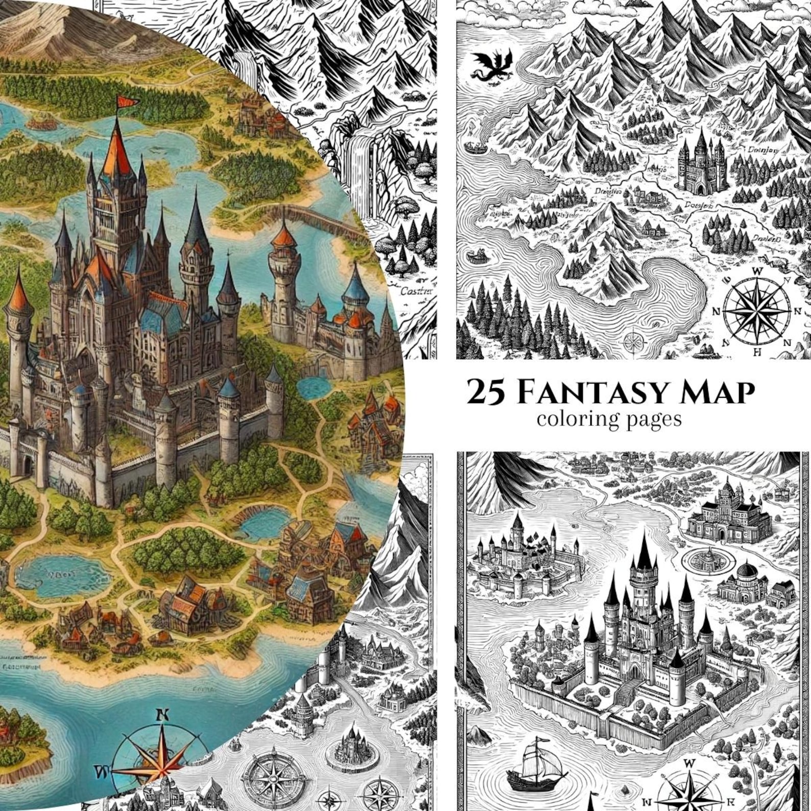 25 Fantasy Map Coloring Pages, Adult and Kids Coloring Book, Fantasy ...