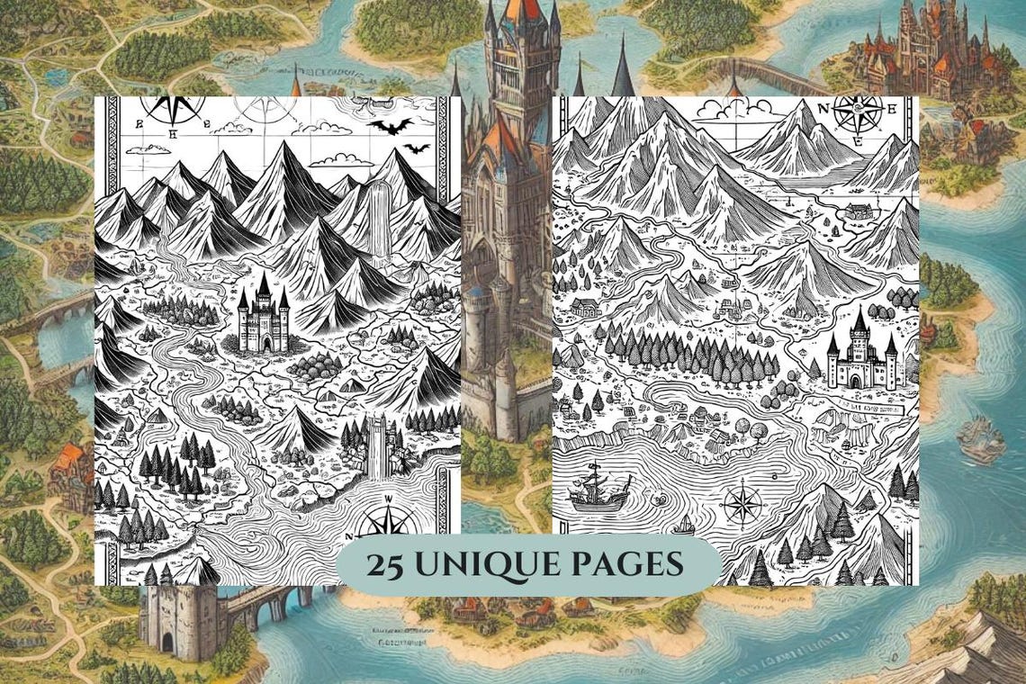 25 Fantasy Map Coloring Pages, Adult and Kids Coloring Book, Fantasy ...
