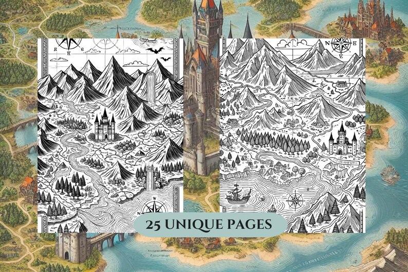 25 Fantasy Map Coloring Pages, Adult and Kids Coloring Book, Fantasy Coloring Sheets, Instant ...
