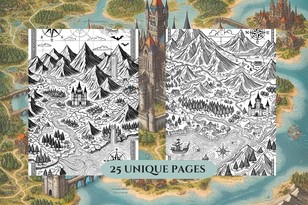 25 Fantasy Map Coloring Pages, Adult and Kids Coloring Book, Fantasy ...