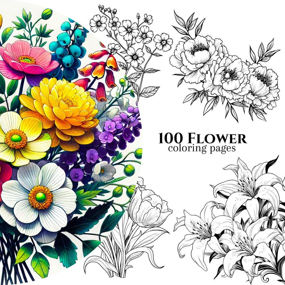 100 Flower Themed Coloring Pages, Flower Coloring Book, Adult and Kid ...