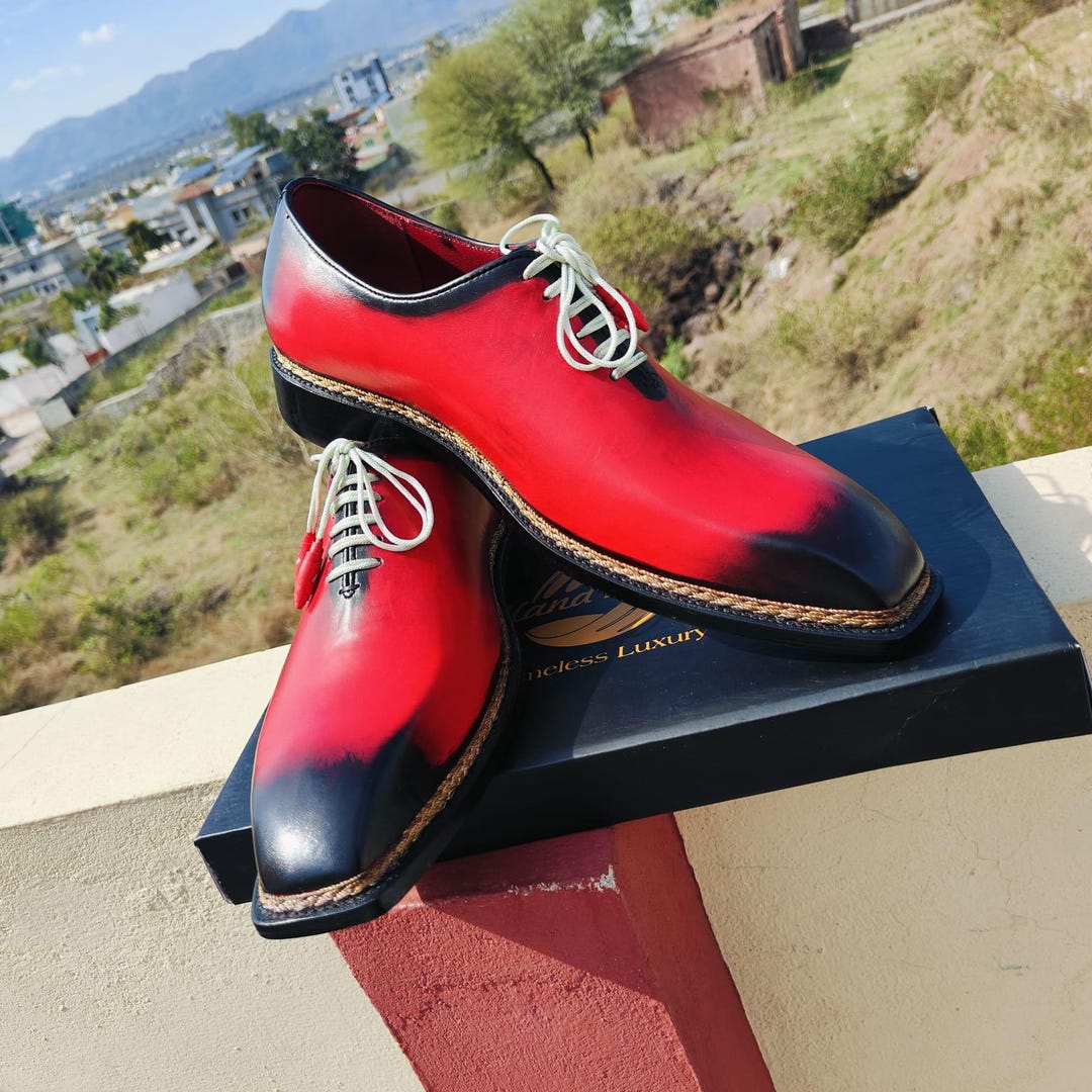 Men's Custom Handmade Red Leather Norvagen Welted Shoes, Leather Sole ...