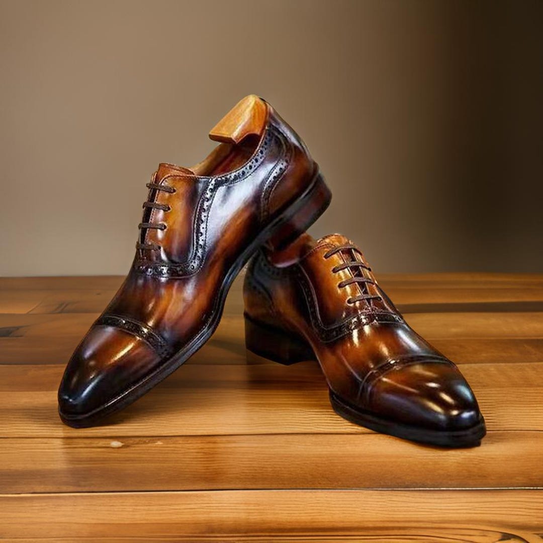 Men Customized Handmade Two Tone Leather Oxford Lace up Cap Toe Shoes ...