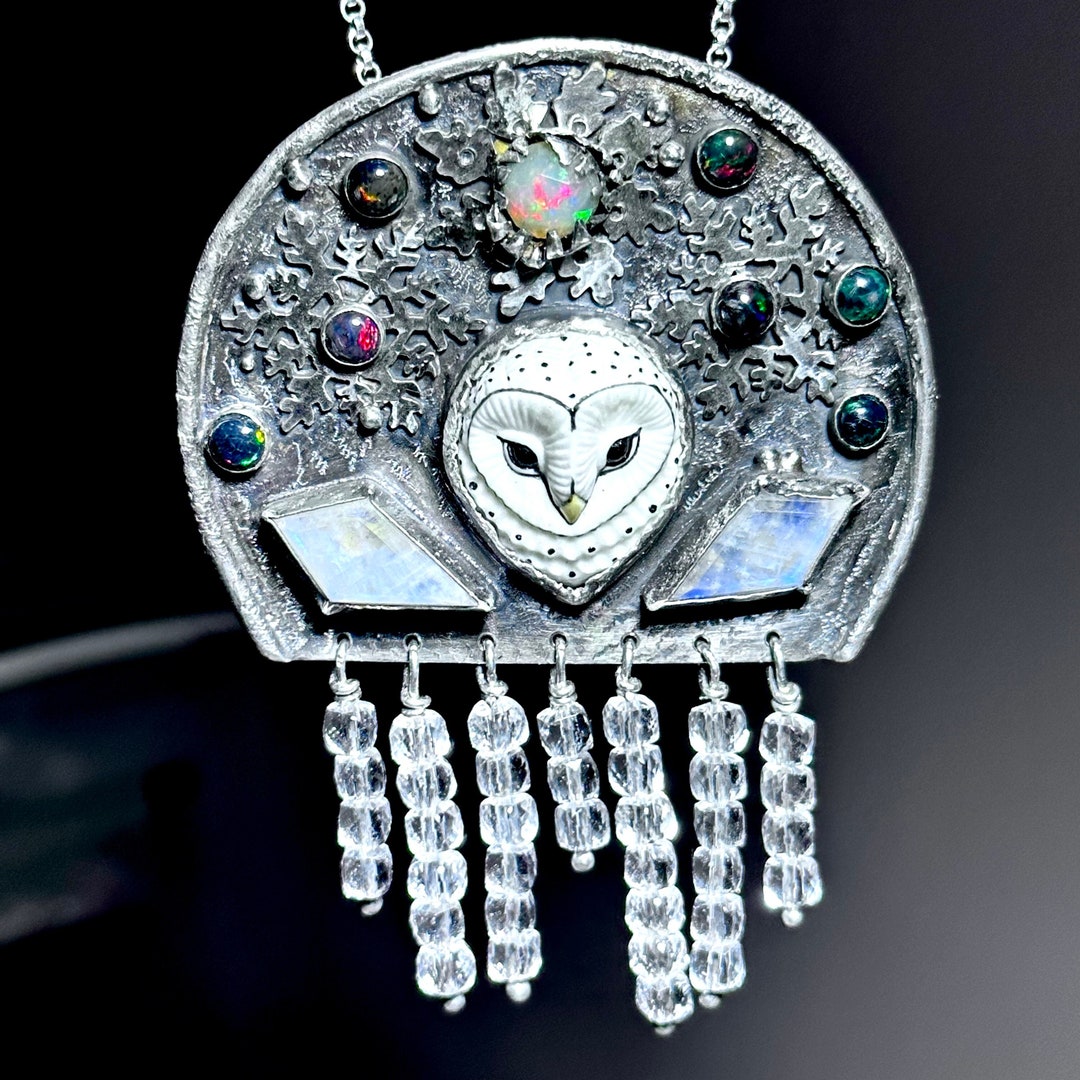Porcelain Snowy Owl Pendant, White Owl Pendant, Opal Moonstone Clear ...