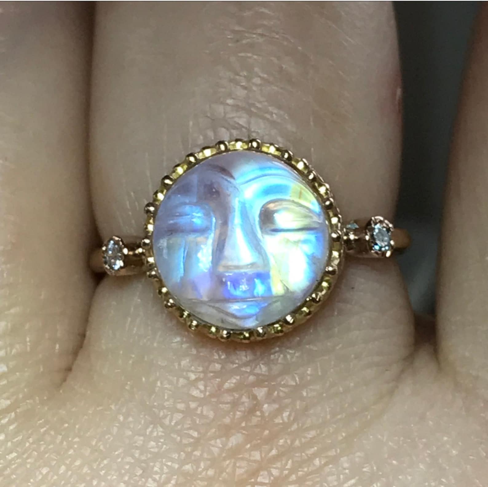 Moon Face 14K Gold Ring, Diamond Ring, Rainbow Moonstone Gold Ring ...