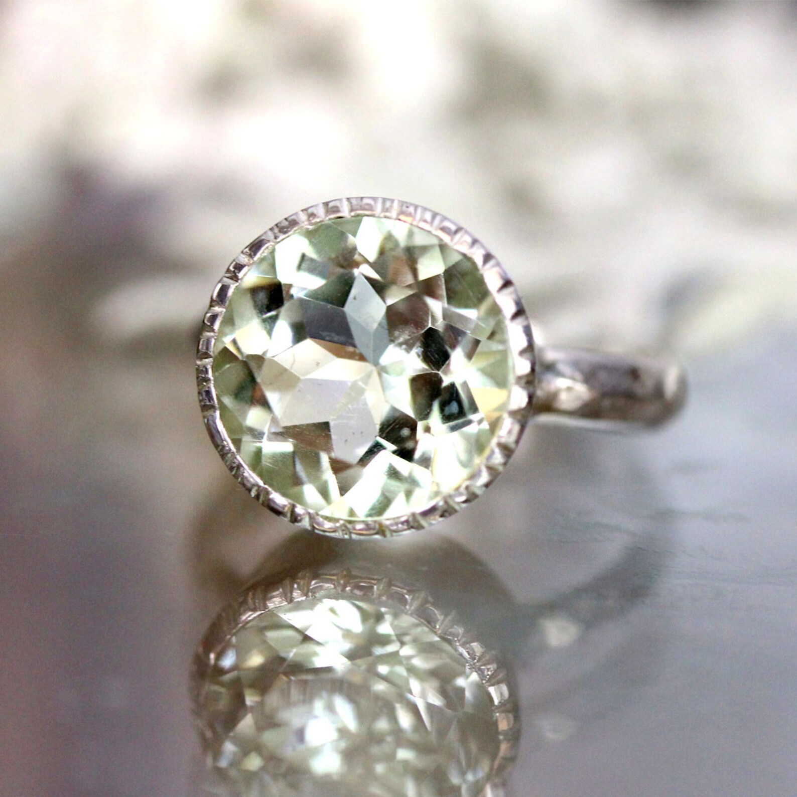 Green Amethyst Sterling Silver Cocktail Ring, Gemstone Ring, Milgrain ...