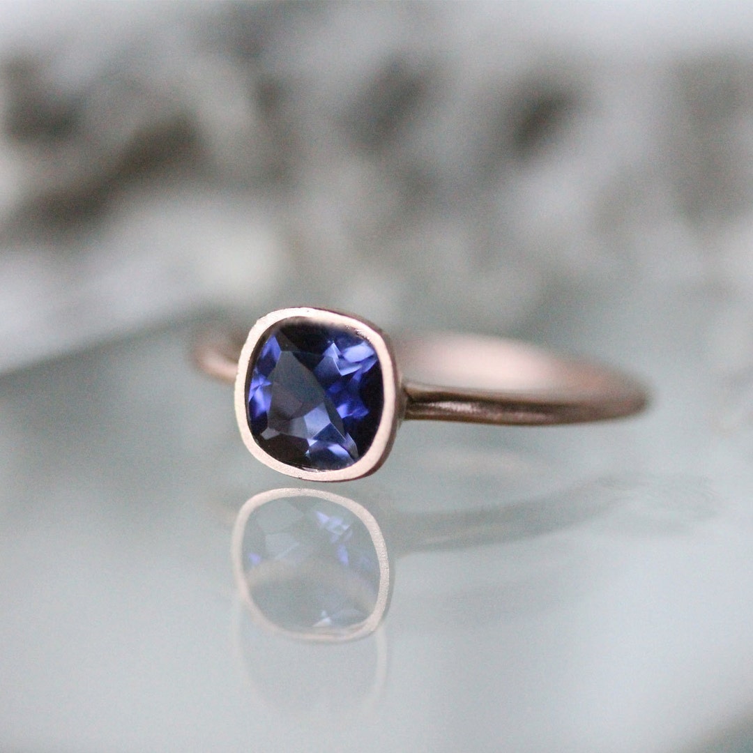 Genuine Iolite 14K Rose Gold Ring, Gemstone Ring, Cushion Shape Ring ...