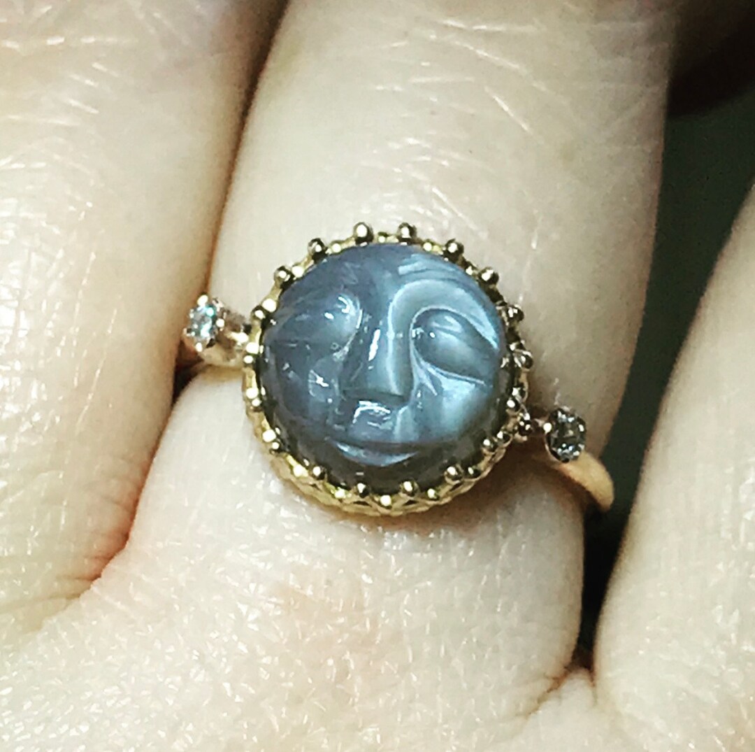 Moon Face 14K Gold Ring, Diamond Ring, Gray Moonstone Gold Ring ...
