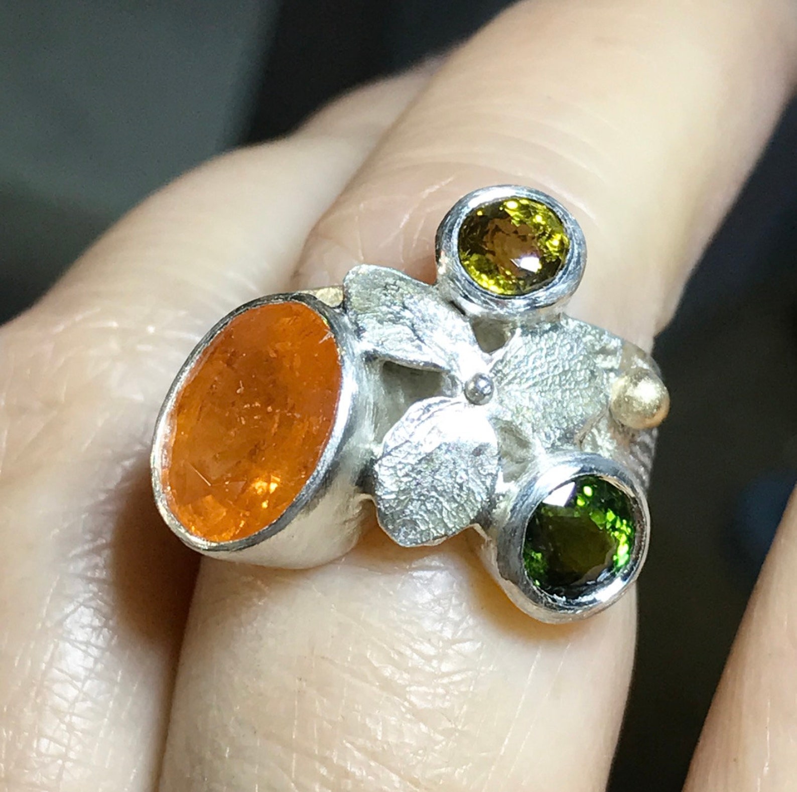 Spessartite Garnet Sterling Silver Ring, 14K Gold Dot Ring, Argentium ...