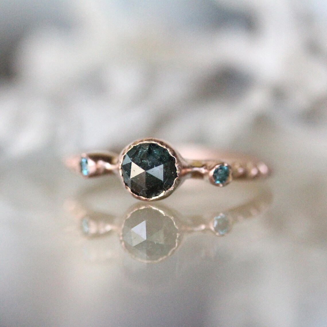 Deep Blue Diamond 14K Rose Gold Ring Stacking Ring | Etsy