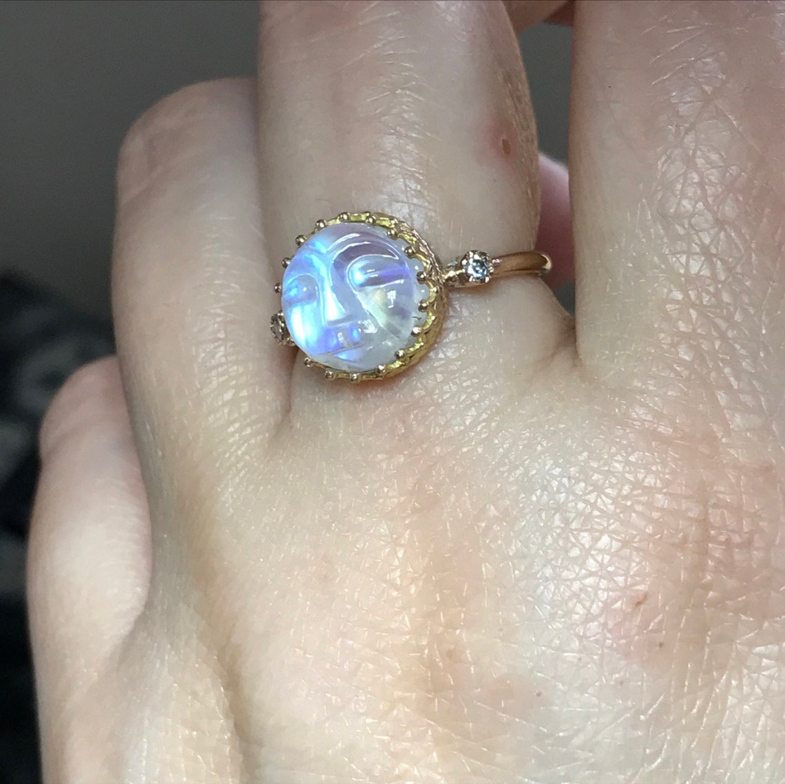 Moon Face 14K Gold Ring Diamond Ring Rainbow Moonstone Gold | Etsy