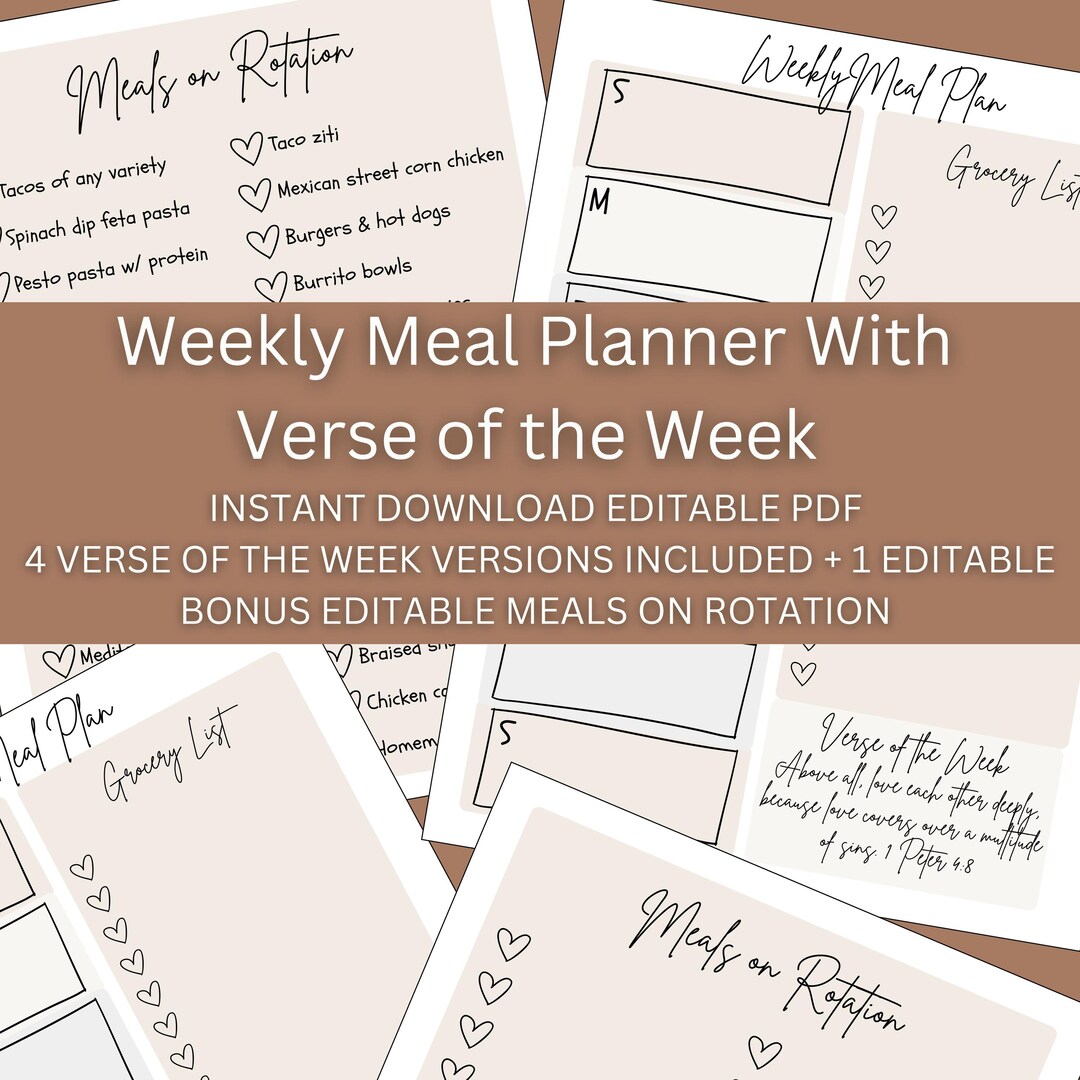 Fillable Weekly Meal Planner Printable With Bible Verses and Shopping ...