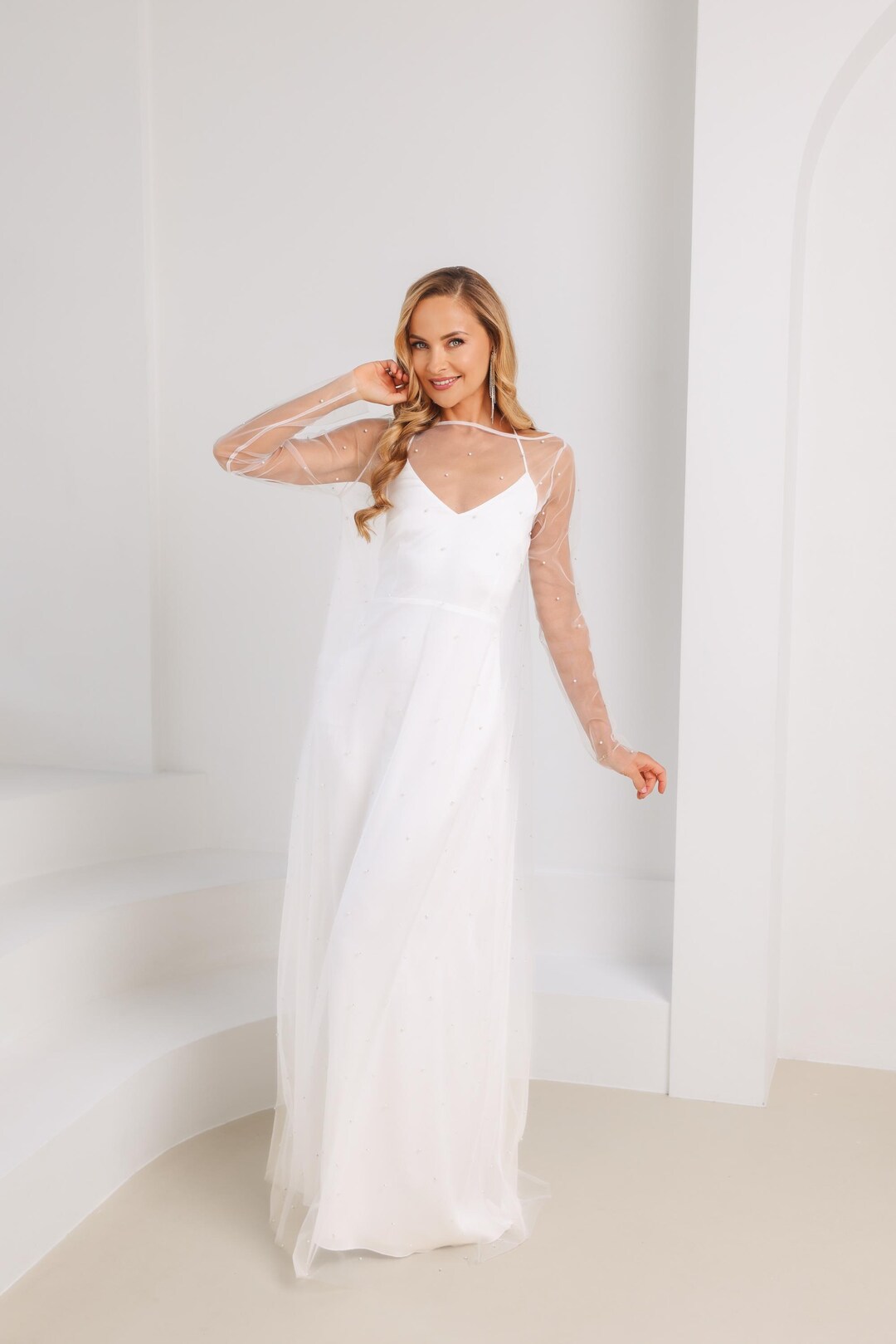 Wedding Overdress With Pearls Bridal Transparent Dress Sheer Bride ...
