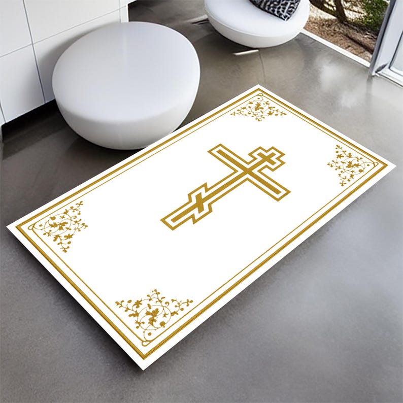 White Gold Orthodox Cross Prayer Rug: Christian Altar Worship Carpet ...