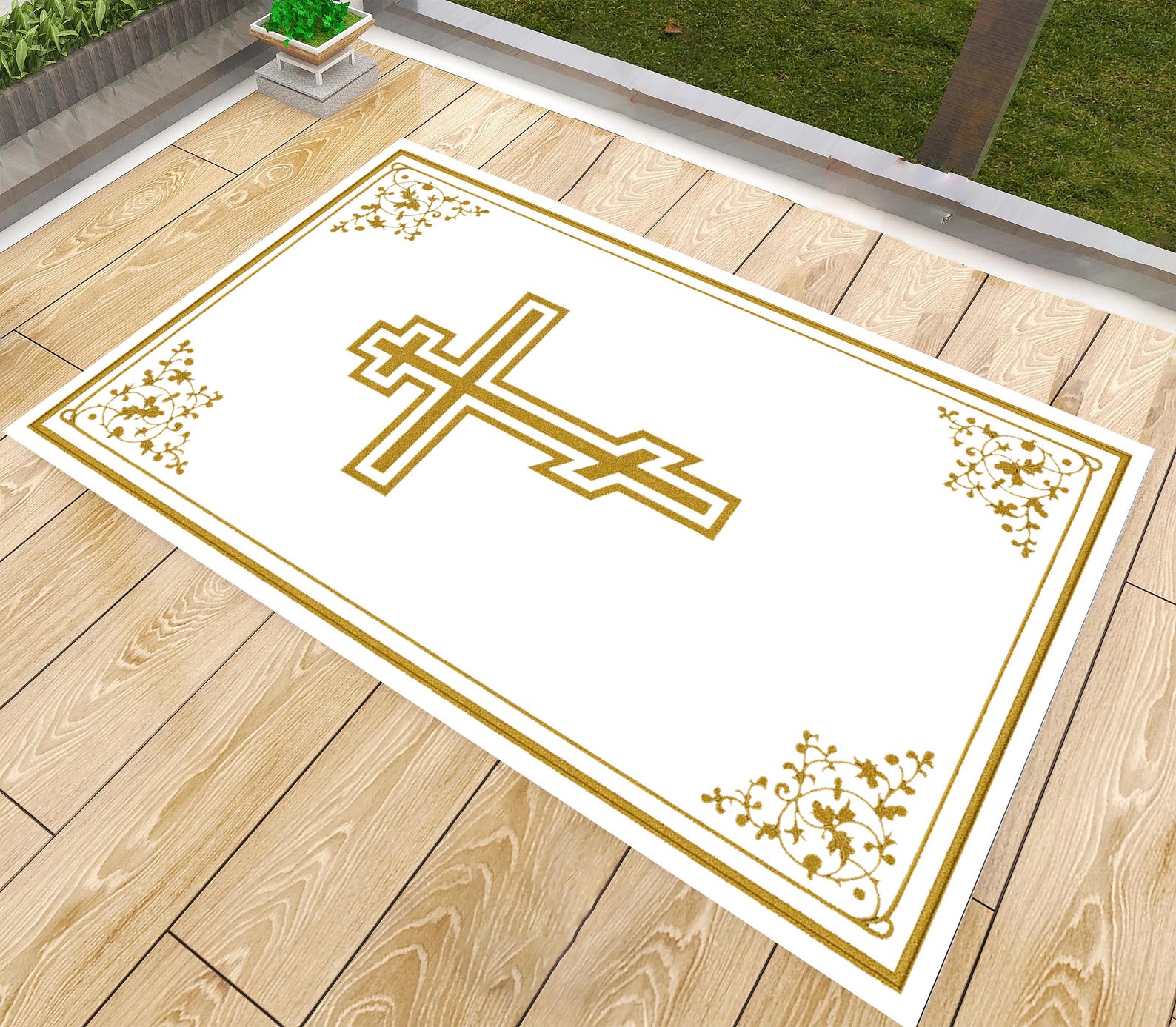 White Gold Orthodox Cross Prayer Rug: Christian Altar Worship Carpet ...