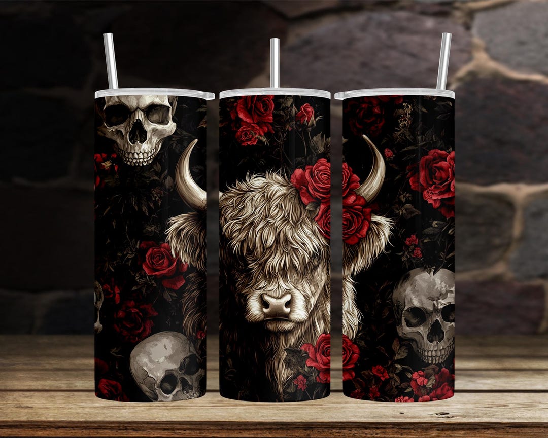 Skulls and Deep Red Roses Highland Cow 20oz Skinny Tumbler Sublimation ...