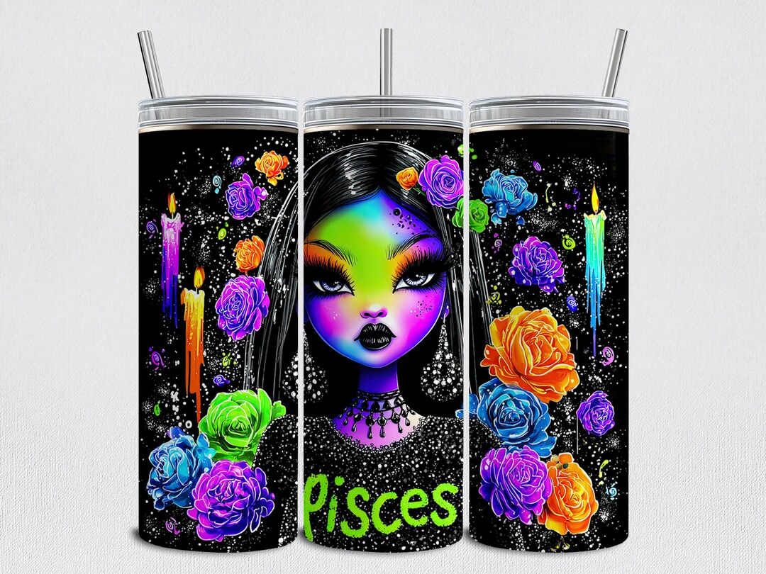 Pisces Zodiac Sign Tumbler Wrap : Neon Gothic Girl PNG , 20oz Skinny ...