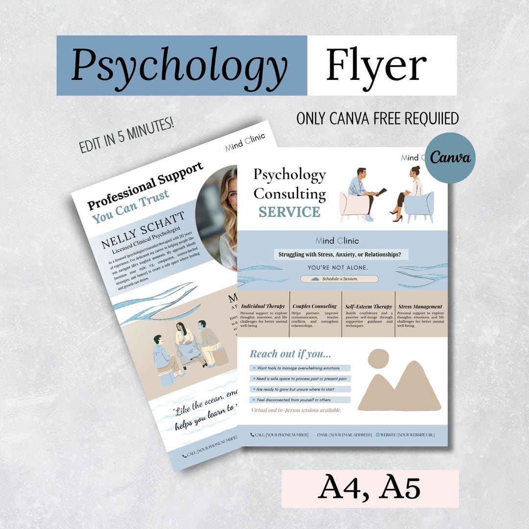 Psychology Flyer Template Canva, Editable Flyer for Therapists, Mental ...