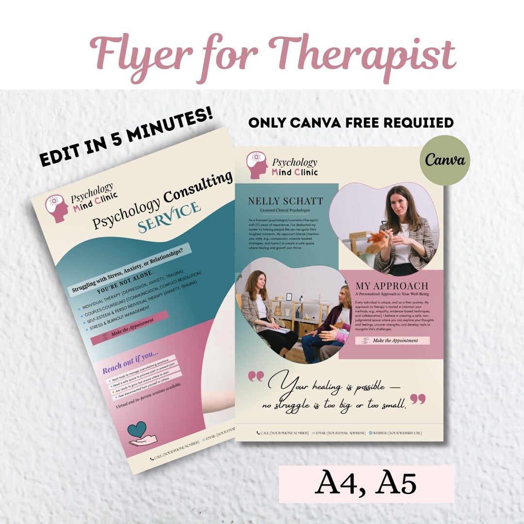 Counseling Therapist Flyer Template, Therapy Businesses Card, Editable ...