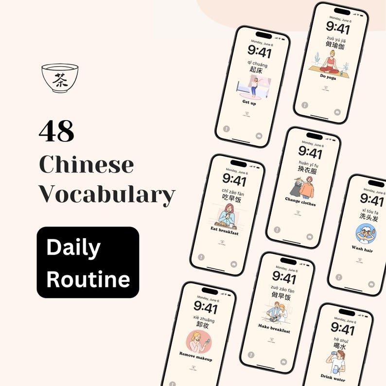 Chinese Daily Routine Vocabulary Phone Wallpaper, 48 Chinese Words ...