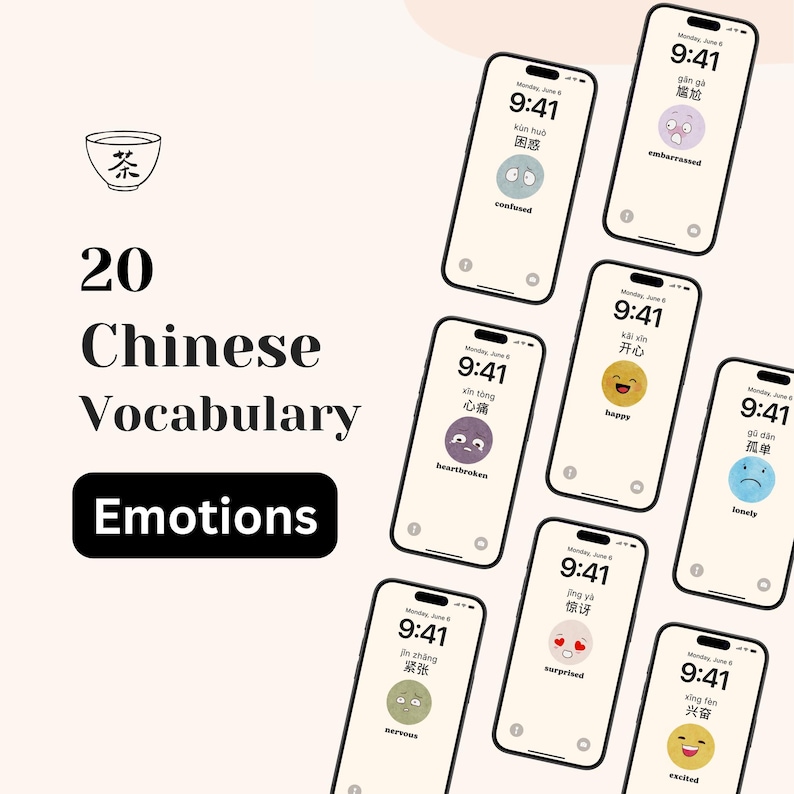 Chinese Emotions Vocabulary Phone Wallpaper, Learn 20 Mandarin Chinese ...
