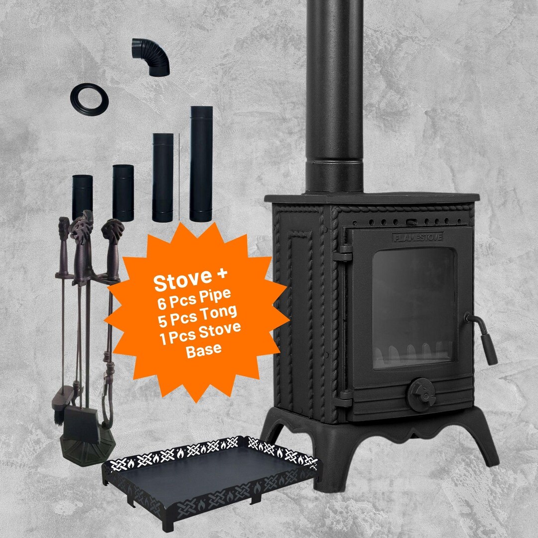 Cast Iron Stove Set: Wood Stove Pipe, Stove Base Plate, and Tongs, Wood ...