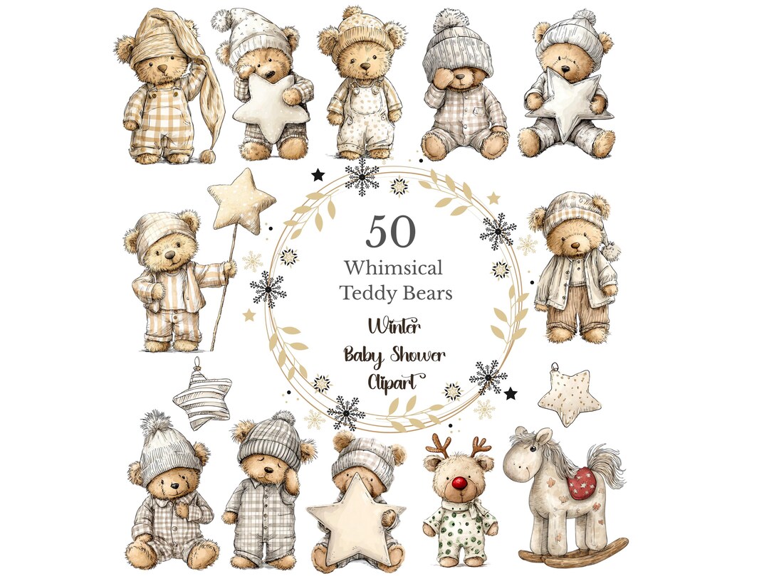 Whimsical Teddy Bears Christmas Clipart Winter Baby Shower Festive ...