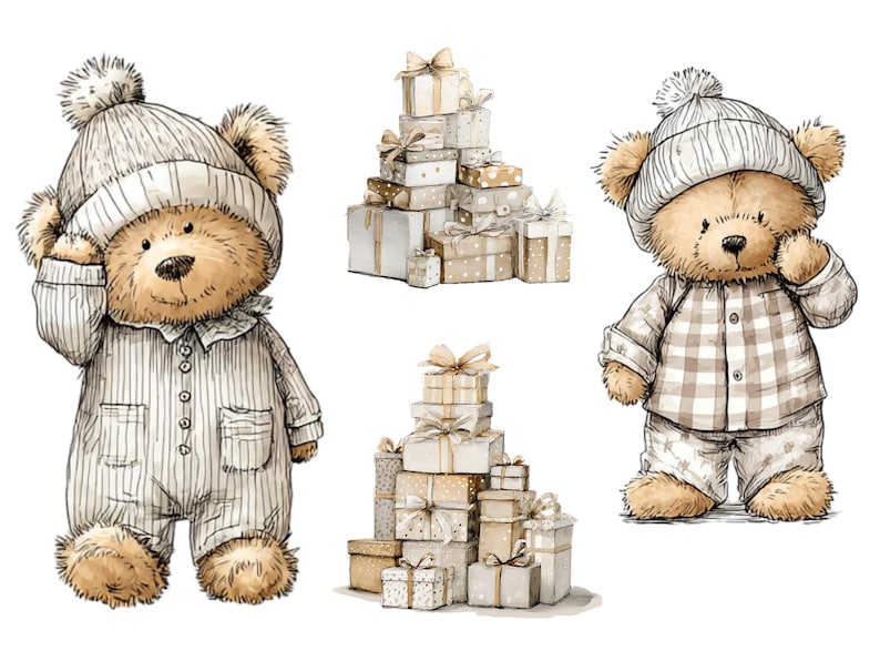 Whimsical Teddy Bears Christmas Clipart Winter Baby Shower Festive ...