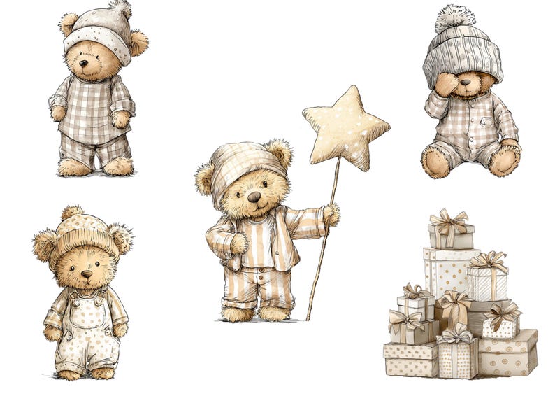 Whimsical Teddy Bears Christmas Clipart Winter Baby Shower Festive ...