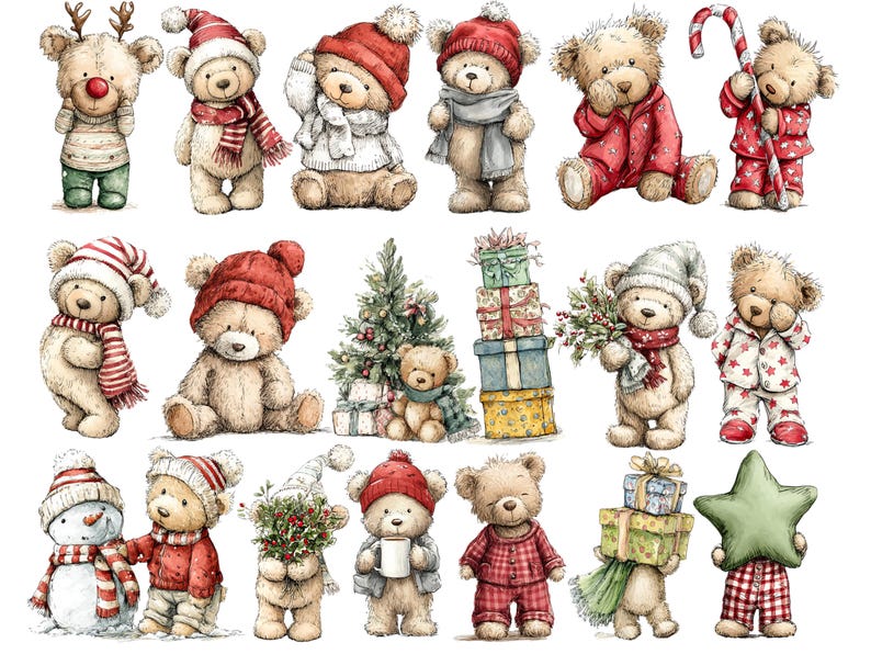 Christmas Teddy Bear Clipart Bundle Holiday Watercolor Bear PNG ...