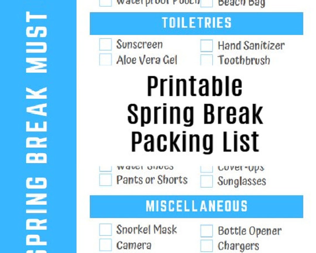 Spring Break Printable Packing List, Packing List, Vacation Packing ...