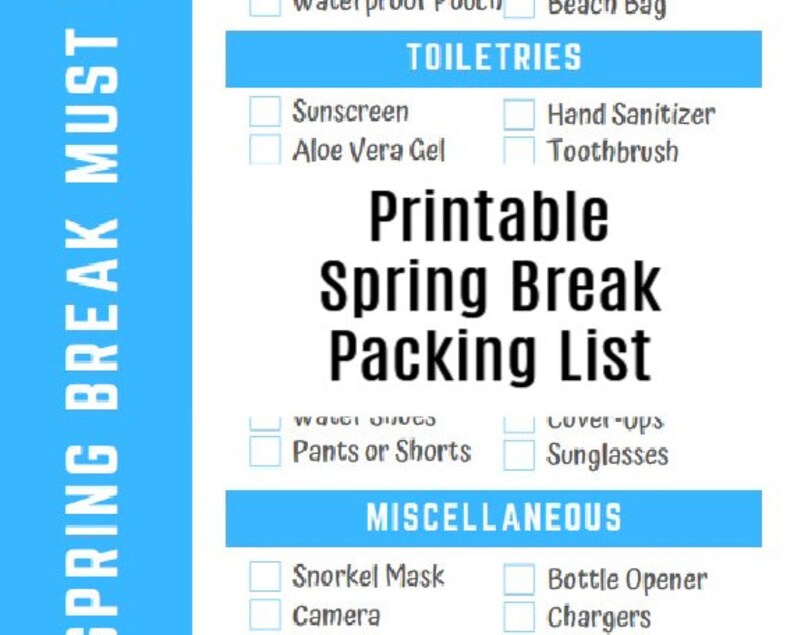 Spring Break Printable Packing List Packing List Vacation - Etsy