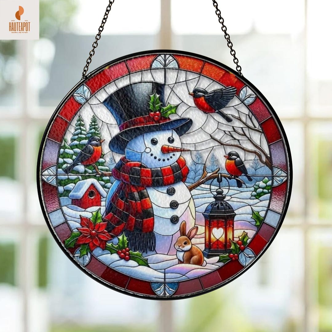 Snowman Glass Suncatcher, Holiday Window Hanging, Christmas Decor ...