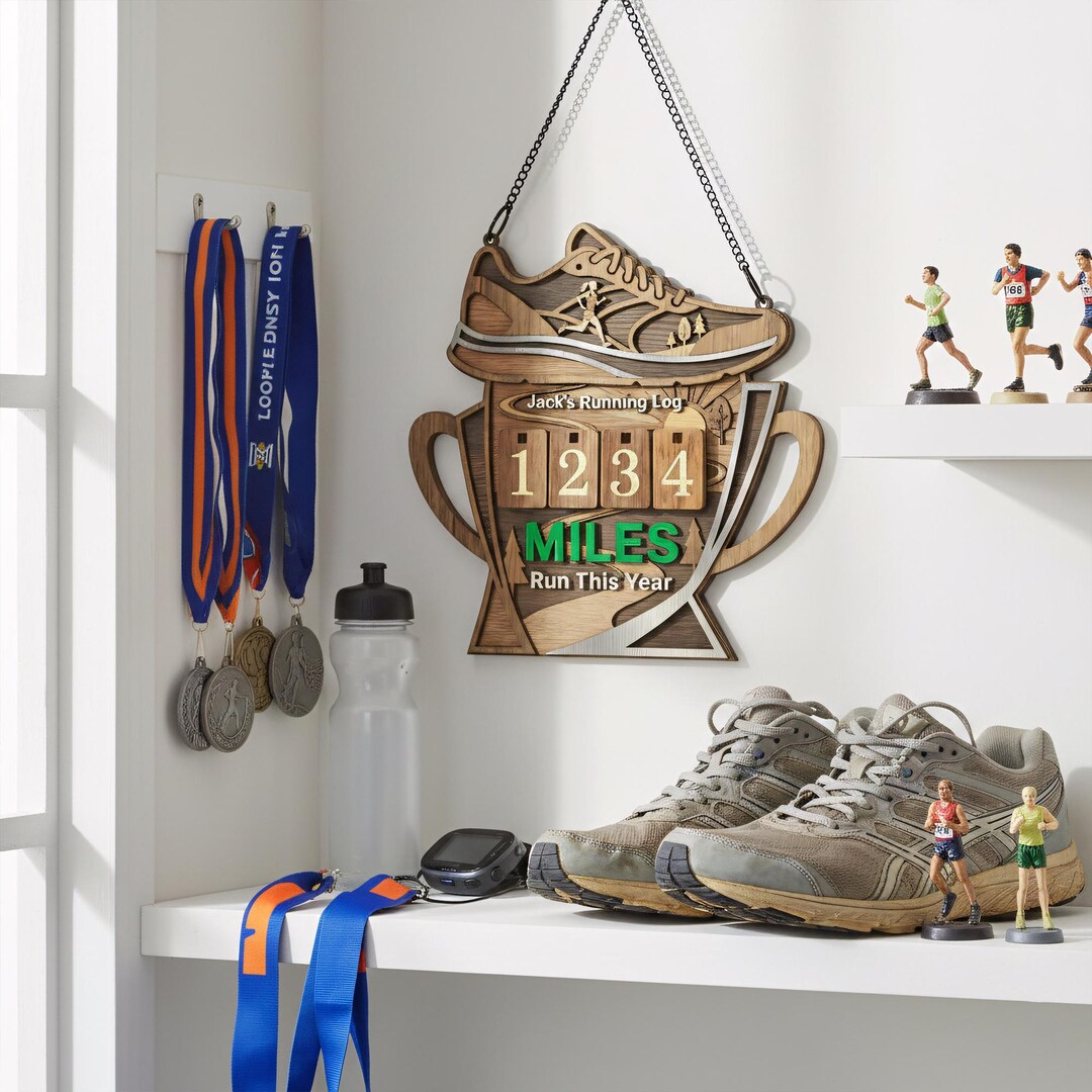 Retro Wooden Running Miles Tracker Sign, Yearly Mileage Log Decor ...