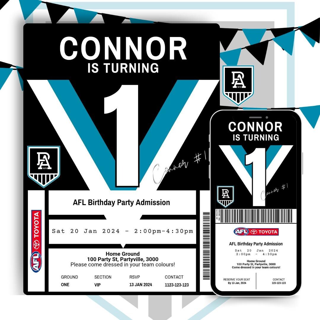 Port Adelaide AFL Birthday Invitation, AFL Birthday Template, Port ...