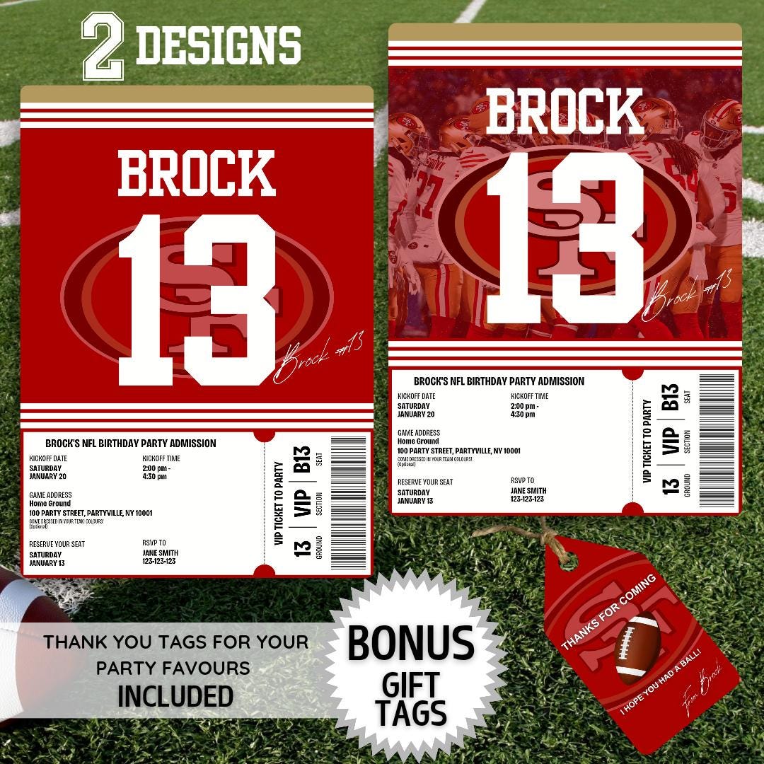 San Francisco 49ers Style Birthday Party Invitation. NFL Admission ...