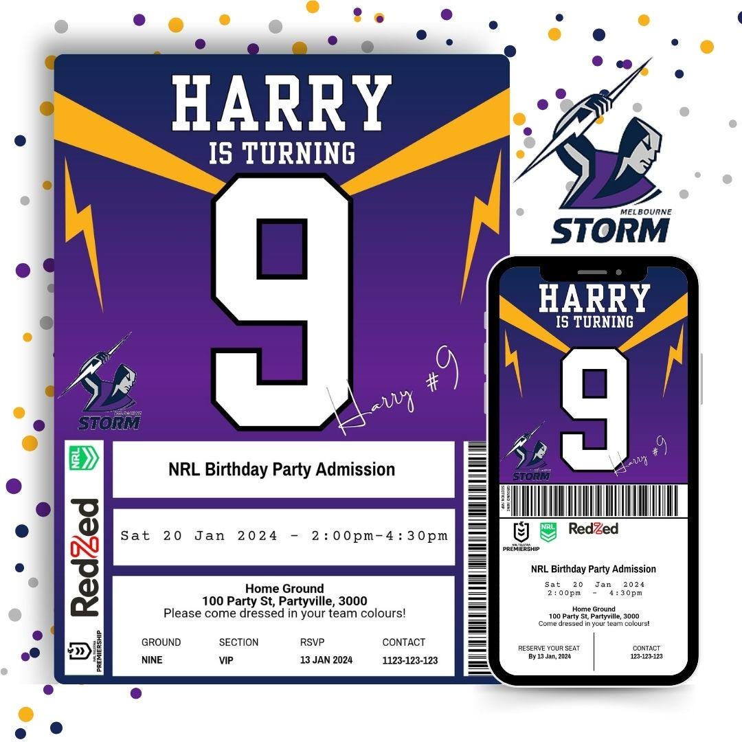 Melbourne Storm NRL Birthday Invitation, NRL Birthday Template, Storm ...