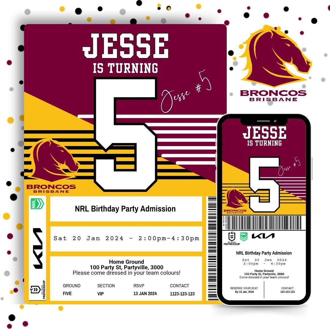 Brisbane Broncos NRL Birthday Invitation, NRL Birthday Template ...