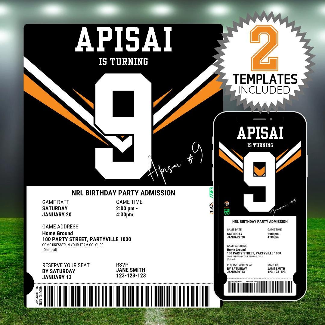 Wests Tigers NRL Birthday Invitation, NRL Birthday Template, Tigers ...