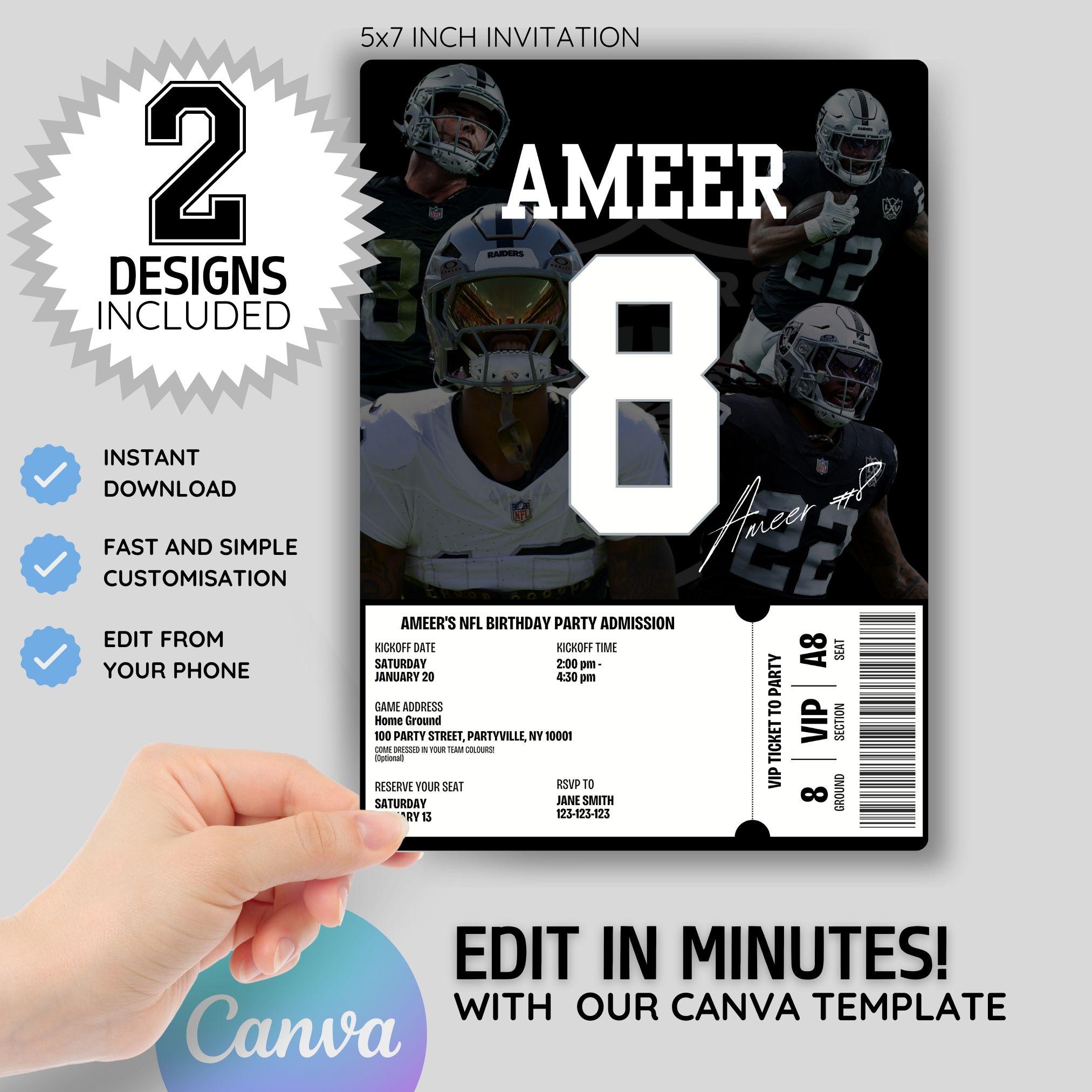 Las Vegas Raiders Style Birthday Party Invitation. NFL Ticket Style ...