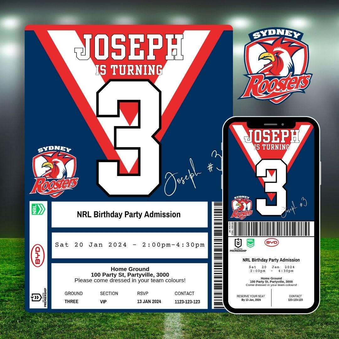 Sydney Roosters NRL Birthday Invitation, NRL Birthday Template ...